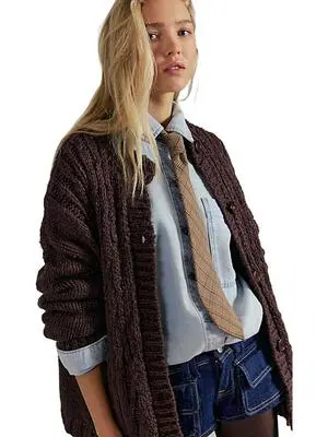 Free People Raye Cable Knit Cardigan French Roast