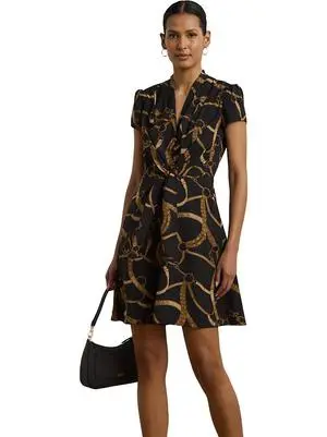 Ralph Lauren Belting-print Crepe Tie-front Dress - Black/tan
