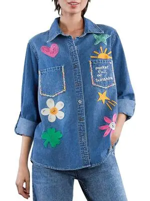 BILLY T Embroidered Graphic Button-up Shirt - Vintage Denim