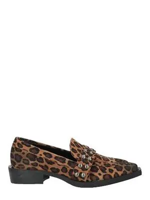 DIVINE FOLLIE Leopard Print Suede Loafers With Studs - Beige