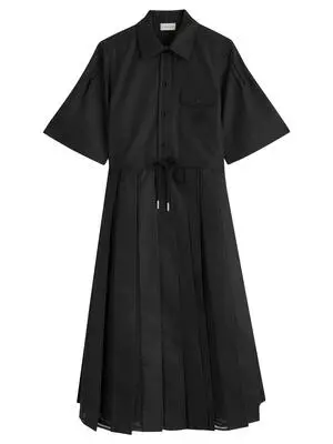 Moncler Pleated Cotton-blend Midi Shirt Dress - Black