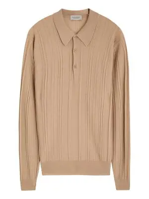 John Smedley Flinn Ribbed Wool Polo Shirt - Beige