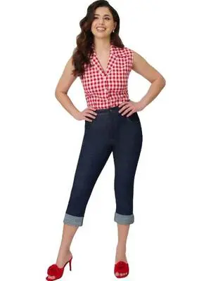 Unique Vintage Notched Collar Blouse - Red Gingham