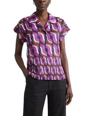 St. John Block Print Satin Top - Deep Purple/ Navy Multi