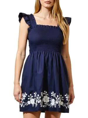 MODENAIRE Smocked Floral Embroidered Mini Dress - Blue