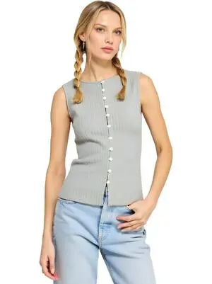 MODENAIRE Sleeveless Ribbed Knit Top With Off-center Button Front - Gray