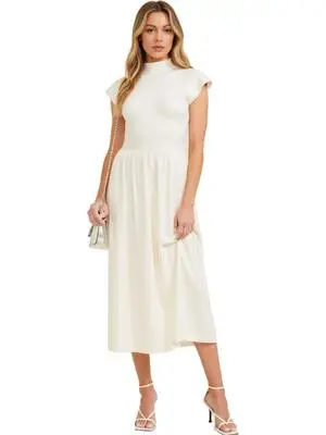 MODENAIRE Knit Midi Dress With Mock Neck And Elastic Waist - White