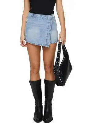 Princess Polly Caruso Faux Wrap Denim Skort - Light Wash