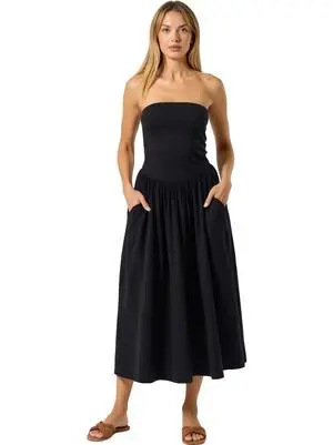 MODENAIRE Strapless Smocked Bodice Midi Dress With Pockets - Black