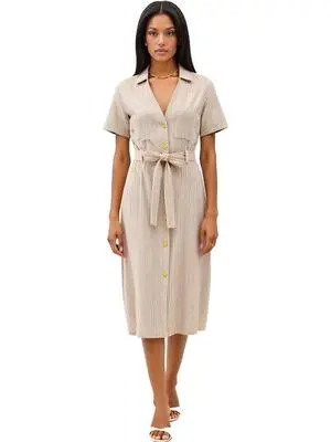 MODENAIRE Striped Button-down Midi Shirt Dress With Belt - Beige / Brown Striped