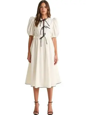 MODENAIRE Puff Sleeve Tie-front Midi Dress With Contrast Trim - White / Black Trim