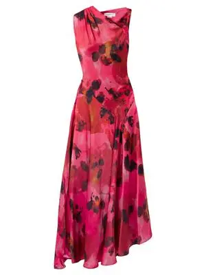 Victoria Beckham Draped Floral-print Silk-satin Midi Dress - Red