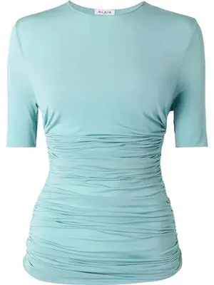 Alaïa Ruched Stretch-Jersey T-Shirt Turquoise