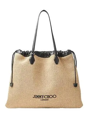 JIMMY CHOO Large Raffia And Leather Drawstring Tote Bag Natural/black/gold