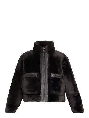 Brunello Cucinelli Shearling Velour Leather Zip Jacket - Charcoal