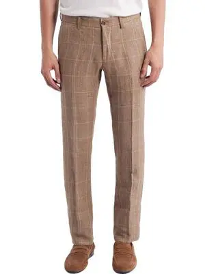 Berle Windowpane Check Linen Trousers - Tan