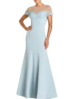 Mac Duggal Mermaid Beaded Illusion Gown - Powder Blue