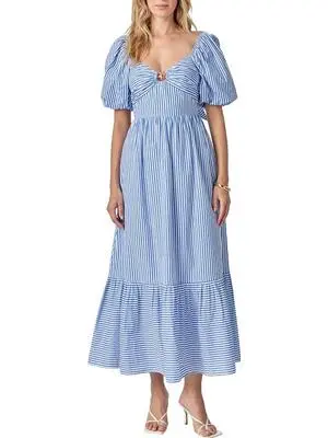 English Factory Starfish Stripe Puff Sleeve Maxi Dress - White/ Blue