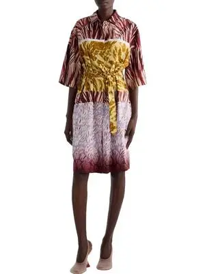 Dries Van Noten Doralia Mixed Print Belted Shirt Dress - Burgundy