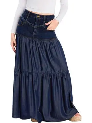WASH LAB DENIM Contrast Tiered Denim Maxi Skirt Antique Blue