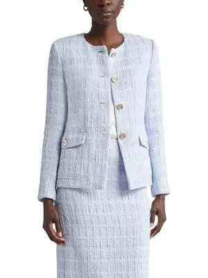 St. John Plaid Textured Cotton Blend Tweed Jacket - Blue Lagoon