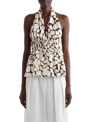 Dries Van Noten Ceana Print Ruched Silk Halter Top - Off White