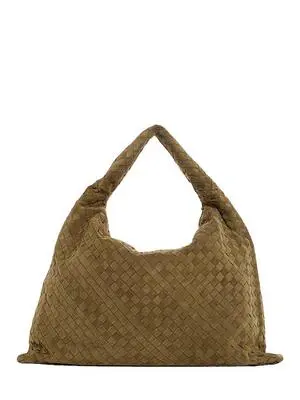 Bottega Veneta Intrecciato Suede Shoulder Bag - Mud/muse Brass