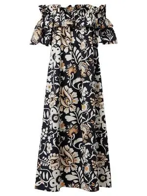 La DoubleJ Breakfast Ruffled Cotton Poplin Midi Dress - Multicoloured