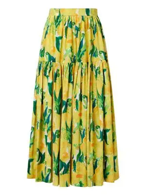La DoubleJ Oscar Printed Cotton Poplin Midi Skirt - Yellow