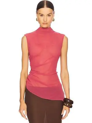 Lapointe Lightweight Georgette Mock Neck Ruched Top - Dark Rose