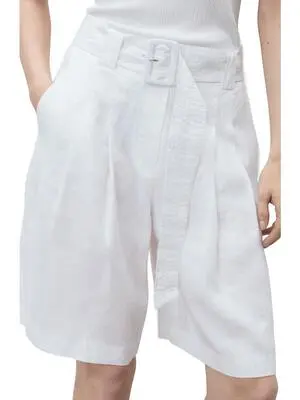 Mango Belted Linen Bermuda Shorts - White