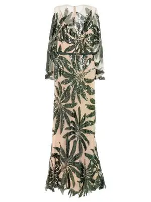 Elie Saab Embroidered Tulle Maxi Dress - Green