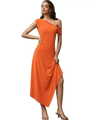 Bhldn One-shoulder Asymmetric Jersey Midi Dress - Red Orange