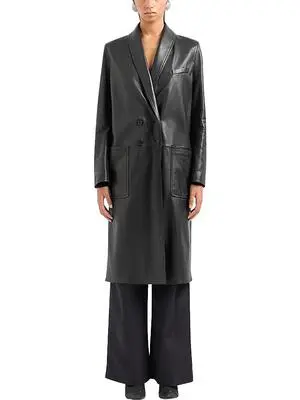 Emporio Armani Leather Midi Coat - Solid Black