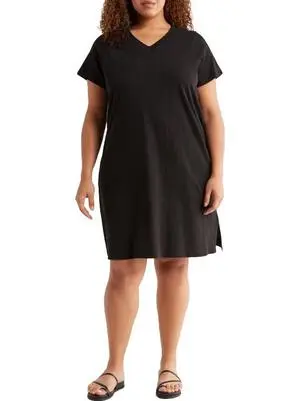 Eileen Fisher V-neck Organic Cotton T-shirt Dress - Black