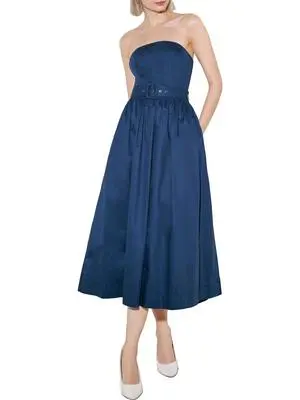 FREEMARKET Belted Strapless Midi Dress - Navy