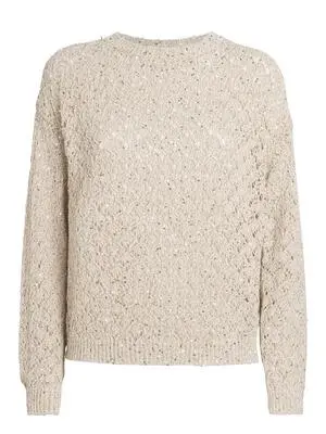 Eleventy Cotton Sequined V-Neck Sweater Beige