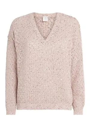 Eleventy Cotton Sequined V-Neck Sweater Nude