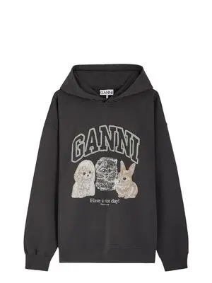 GANNI Printed Hooded Cotton Sweatshirt - Black