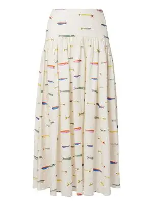 Staud Procida Printed Linen Maxi Skirt - White