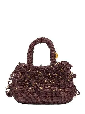 MADE FOR A WOMAN Fanny Woven Top-handle Bag With Beaded Fringe - Maroon