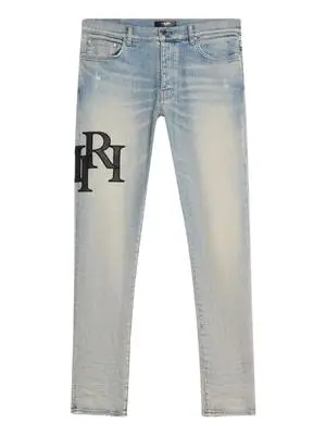 Amiri Staggered Leather Logo Skinny Jeans - Antique Indigo Black