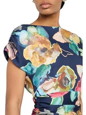 Lela Rose Floral Print Ruched Crepe Midi Dress Multi