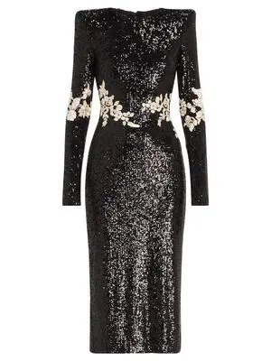 Naeem Khan Floral Applique Sequined Midi Dress - Black White