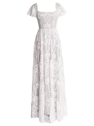 Dress The Population Janis Flutter-sleeve Lace Maxi Dress - White Nude