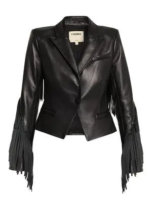 L'Agence Vashti Lambskin Leather Blazer With Fringed Trim - Black