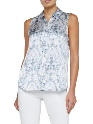 L'Agence Emmy Sleeveless Silk Shirt - White Blue Scroll Toile