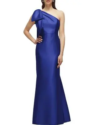 Alfred Sung Bow One-shoulder Satin Twill Mermaid Gown - Cobalt Blue