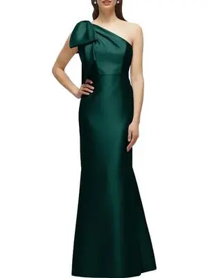 Alfred Sung Bow One-shoulder Satin Twill Mermaid Gown - Evergreen