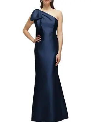 Alfred Sung Bow One-shoulder Satin Twill Mermaid Gown - Midnight